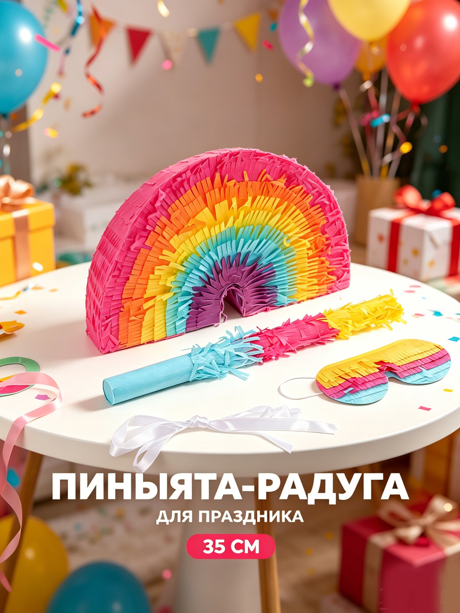 Цветная праздничная бумажная пиньята радуга с битой и повязкой для домашних игр