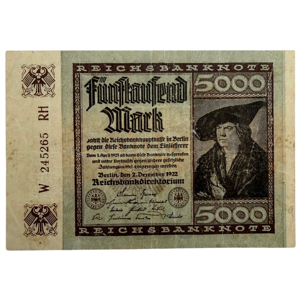 Веймарская республика (Германия) 5000 марок 1922 г. (02.12) (ВЗ - Звёзды G&D) (Серия W RH)
