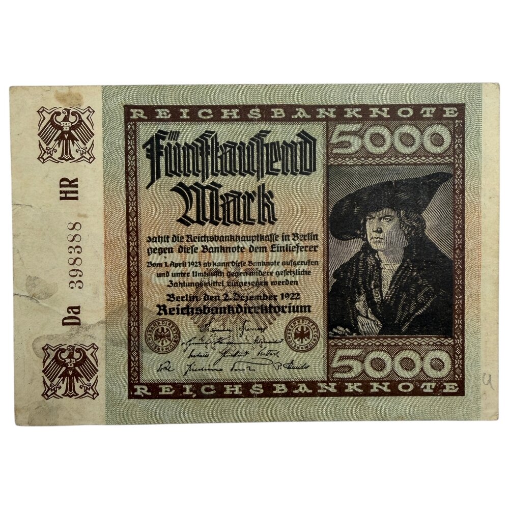 Веймарская республика (Германия) 5000 марок 1922 г. (02.12) (ВЗ - Звёзды G&D) (Серия Da HR)