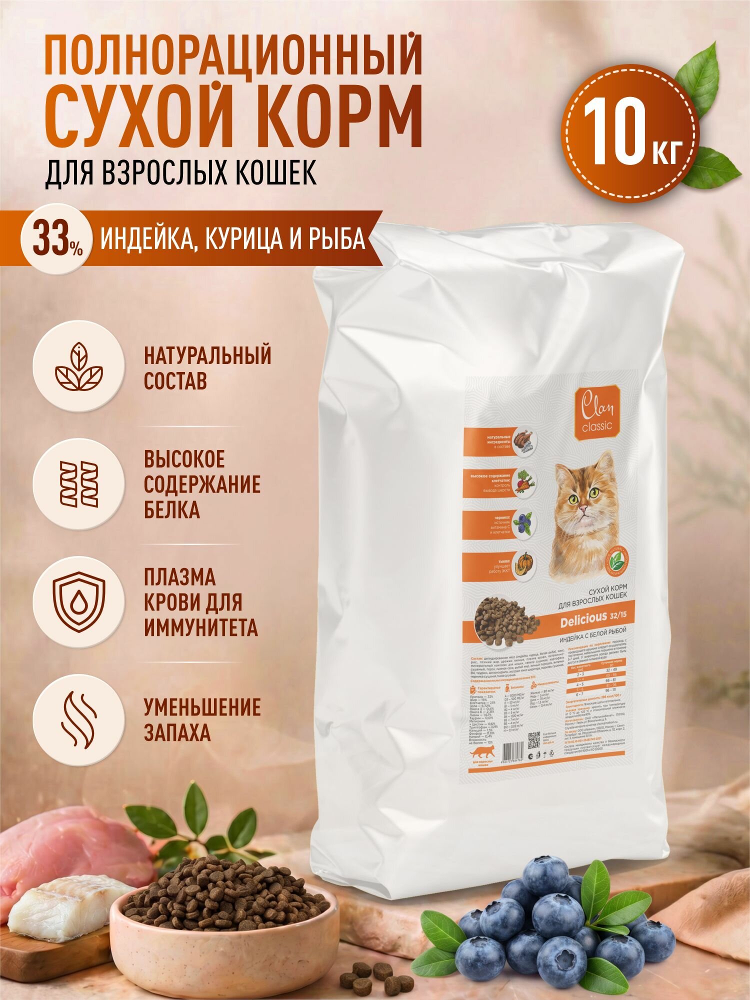 Корм для кошек сухой CLAN Classic Delicious 32/15, индейка и белая рыба, 10кг