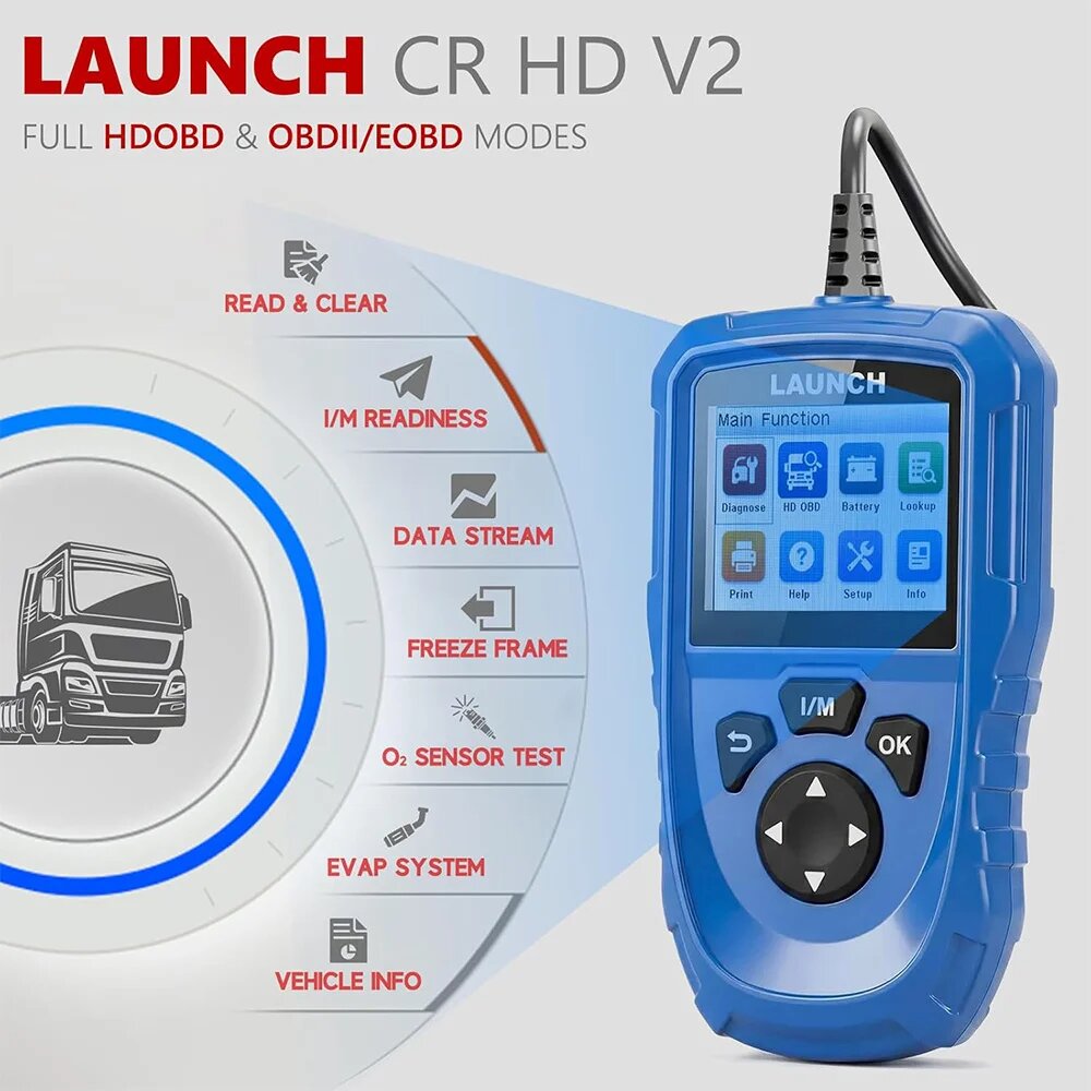 Диагностический сканер для грузовиков LAUNCH Creader HD V2 2-в-1 HDOBD OBD-II EOBD, считыватель кодов, инструмент для диагностики автомобилей HD OBD