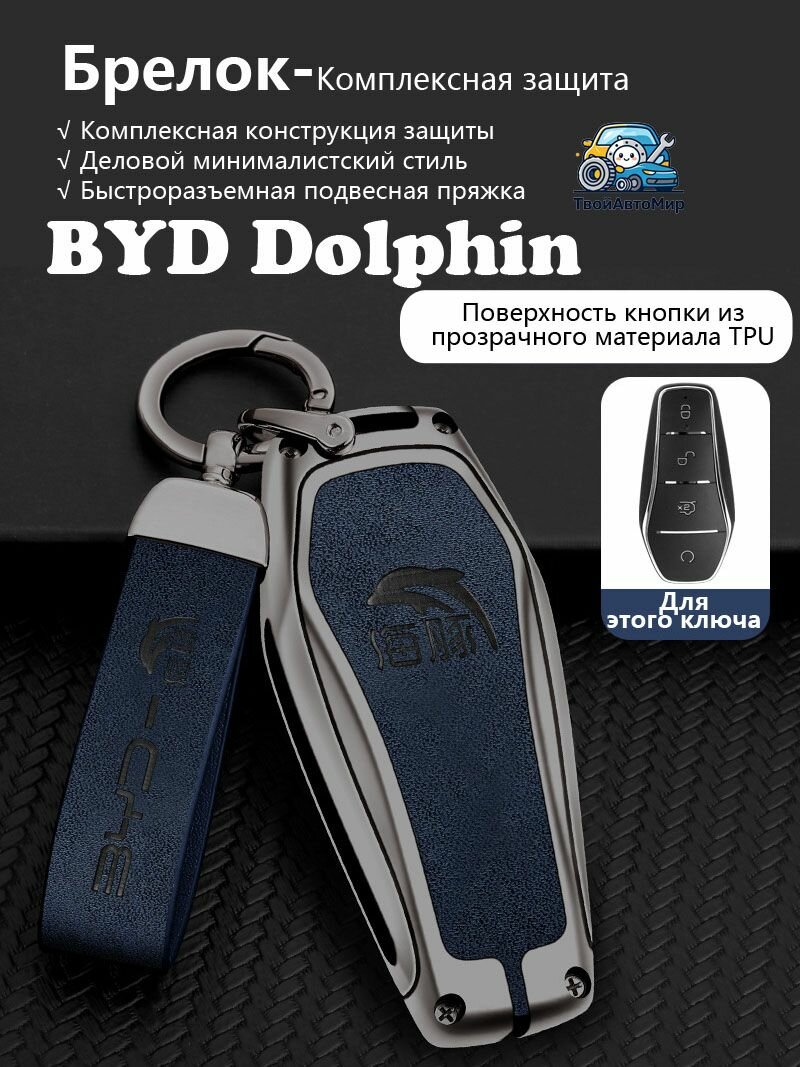 Чехол для ключа БИД Дельфин BYD Dolphin 2021-2026, кожаный чехол из сплава с TPU и тиснением Dolphin для смарт ключа БИД Дельфин BYD Dolphin