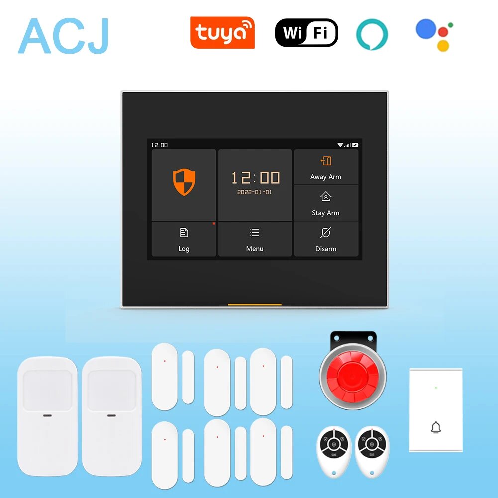 Комплекты систем охранной сигнализации ACJ Home Security Alarm System Tuya Smart для гаражей, жилых помещений и магазинов беспроводные с сенсорным управлением, поддерживающие WIFI + GMS, совместимые с приложением Samrtlife APP-H501-ID
