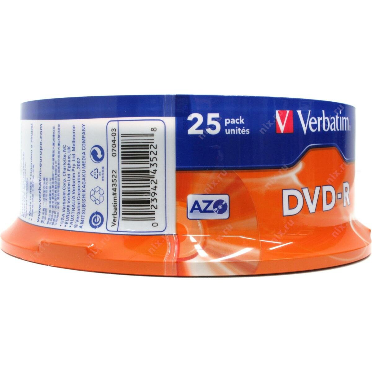 DVD-R Disc Verbatim 4.7Gb 16x уп. 25 шт на шпинделе 43522 — фото 1