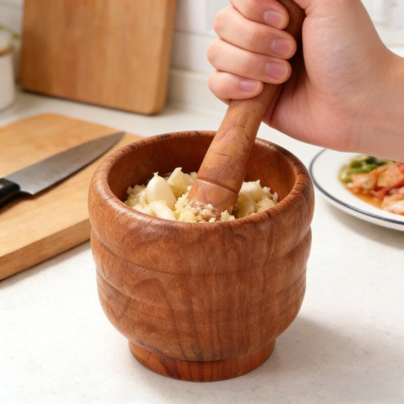Ступка с пестиком для чеснока, пластиковая, коричневая