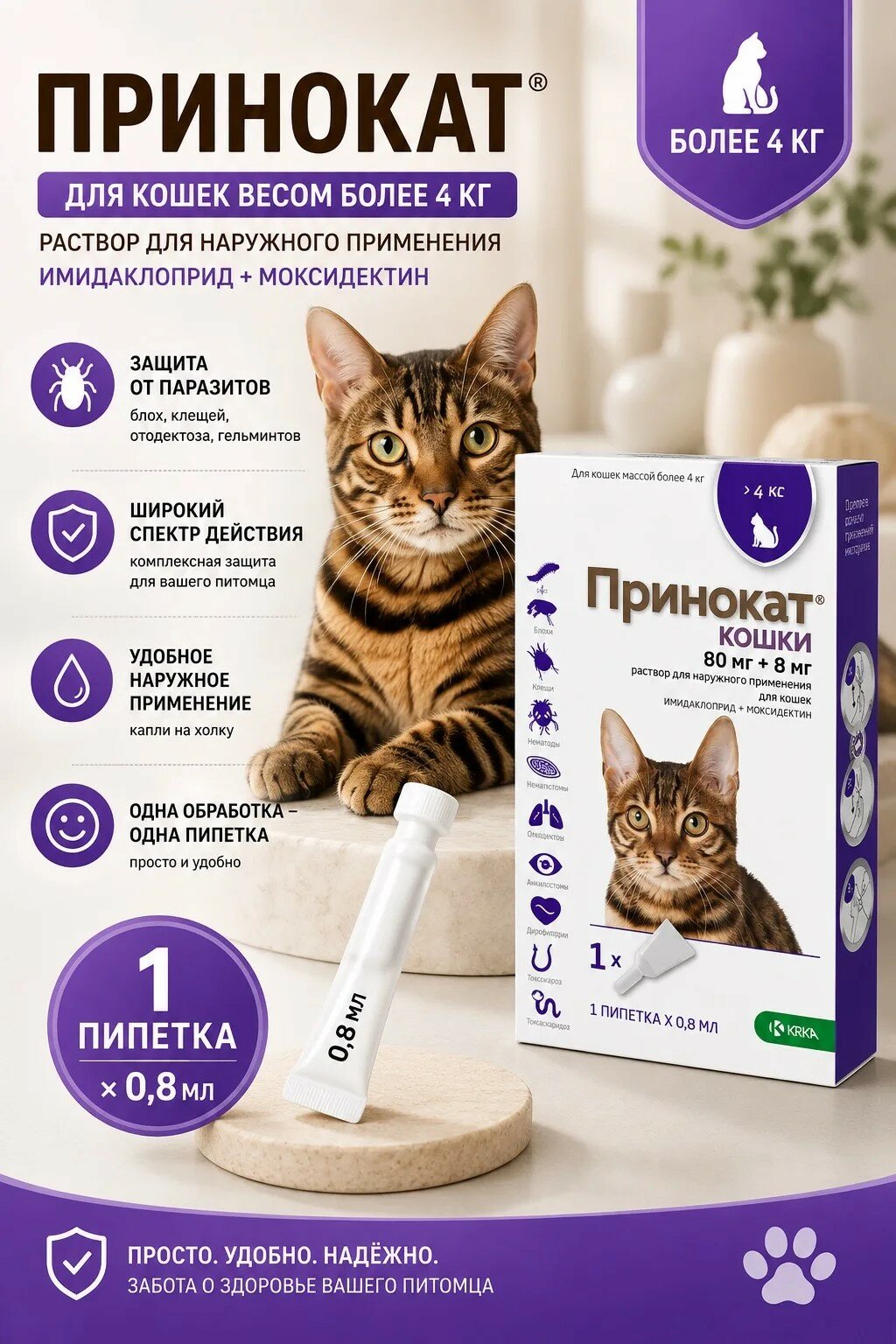 Принокат для кошек более 4 кг капли от блох, клещей, вшей, власоедов и гельминтов (аналог капель Адвокат)