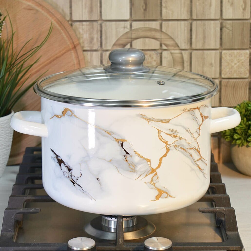 Кастрюля Appetite "Marble" 5,5л с крышкой, эмалированная сталь, индукция, мраморный принт