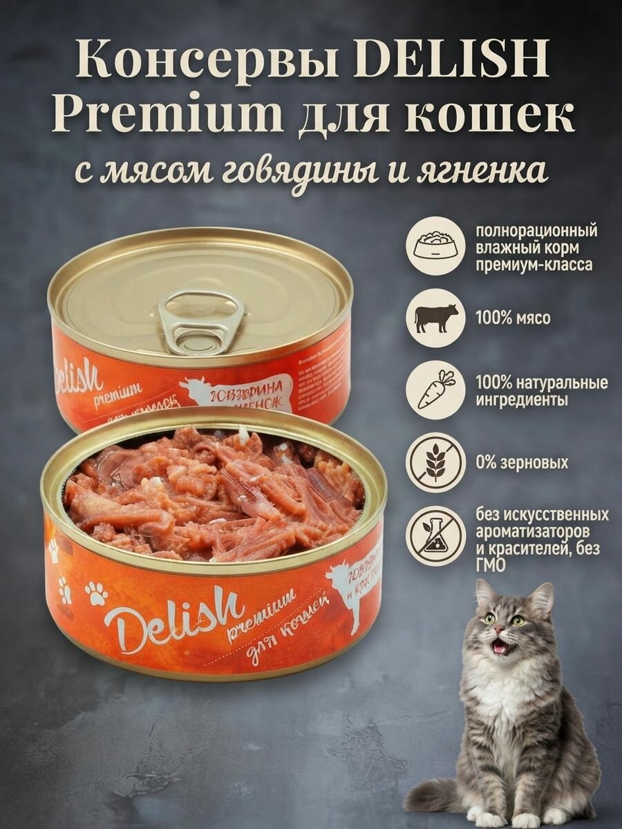 Консервы для кошек Delish premium с говядиной и ягненком 100 грамм