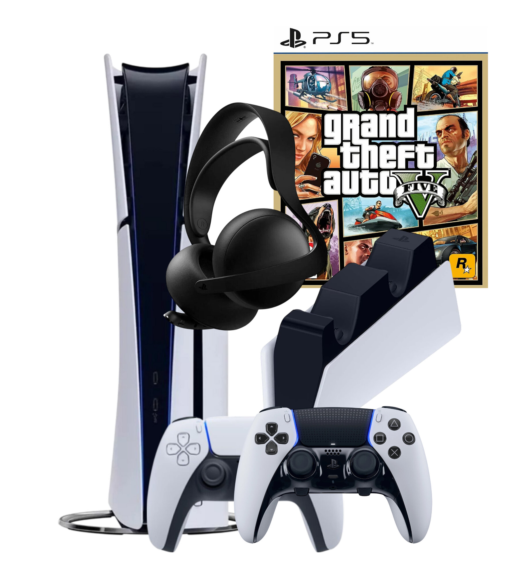 Игровая приставка PlayStation 5 Slim Disk + игра PS5 GTA+ станция зарядки + Dualsense Edge White+Pulse Elite Black