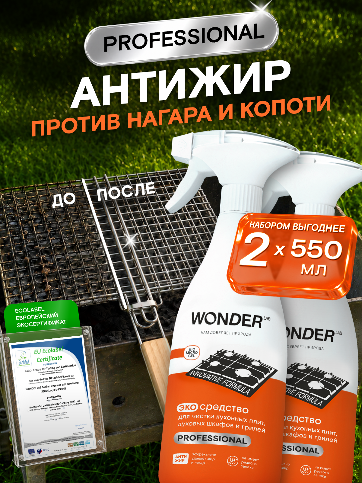 Набор Антижир для кухни без запаха, чистящее средство для плит, духовок и грилей, против стойкой грязи, жира и нагара, 2 х 550 мл