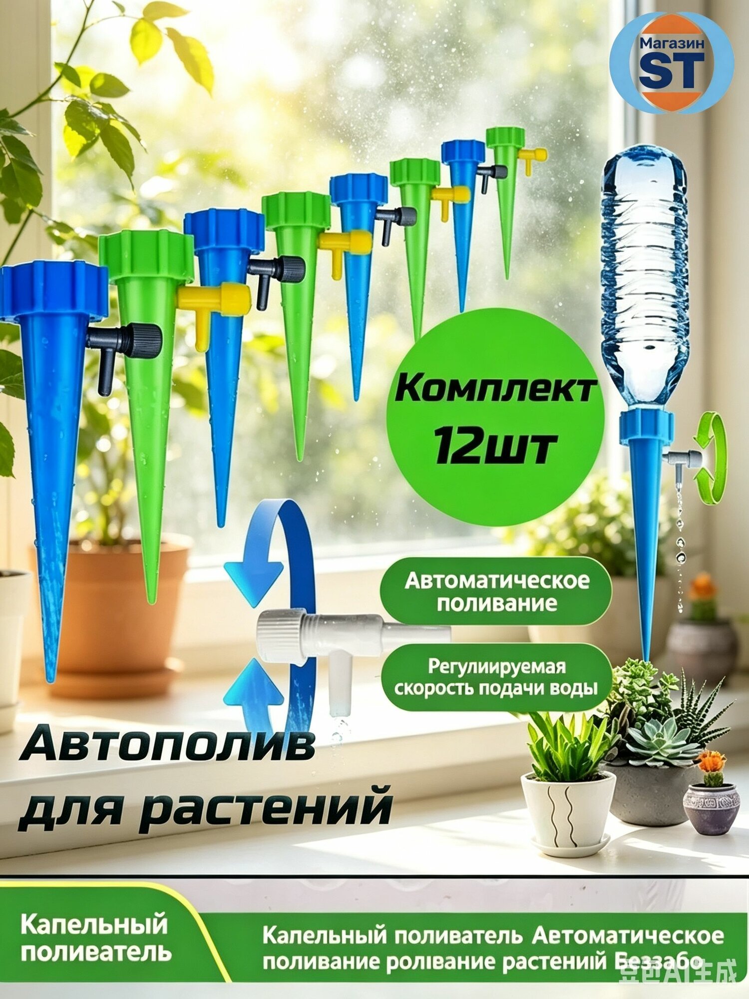 Кашпо с автополивом 10 л, 12 шт, цвет светло-синий, зеленый