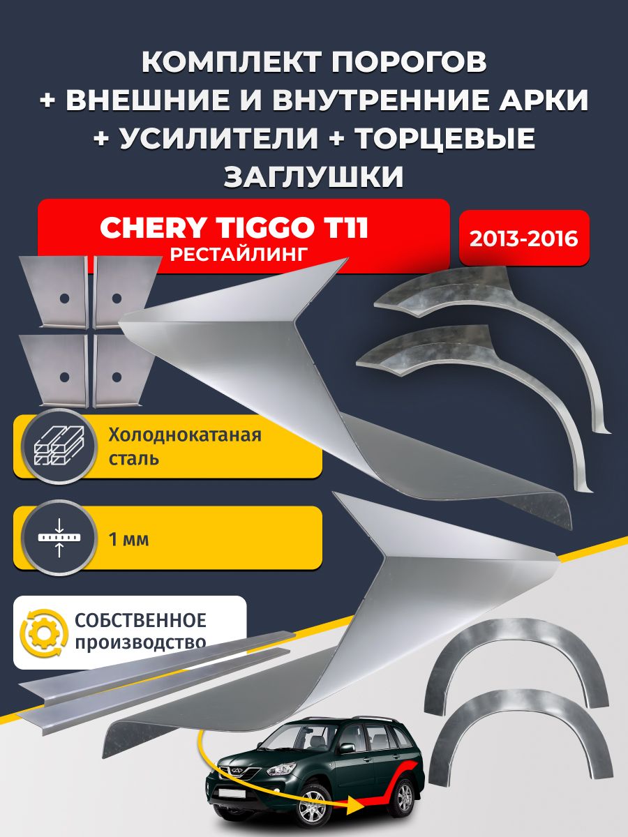 Комплект ремонтных задних внешних и внутренних арок (0,8 мм) + комплект порогов + 4 торцевые заглушки + усилители, на Chery Tiggo T11 2013-2016 рестайлинг (Чери Тигго Т11) Холоднокатаная сталь 1 мм