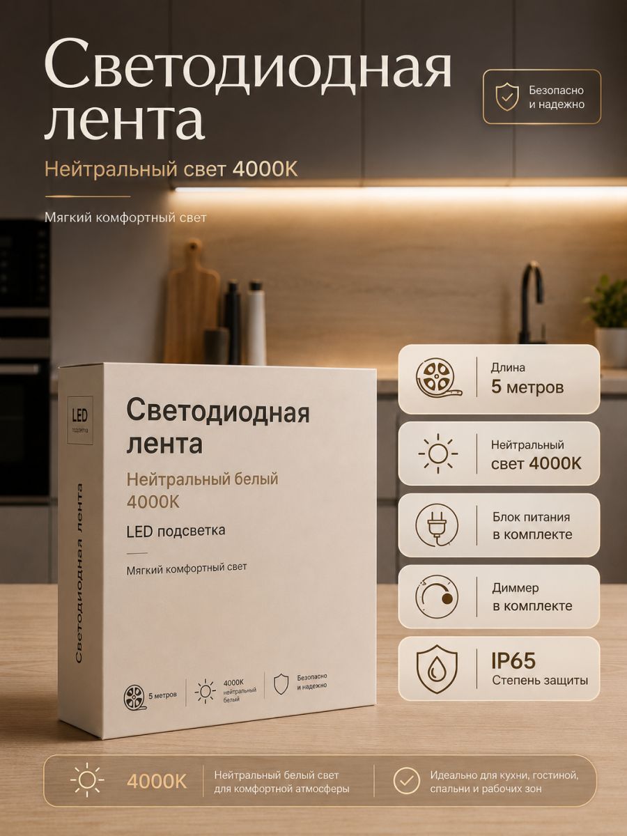 Лента светодиодная с блоком питания и диммером 5 метров, нейтральный белый свет 4000К, IP65, 12 В, 60 led/m