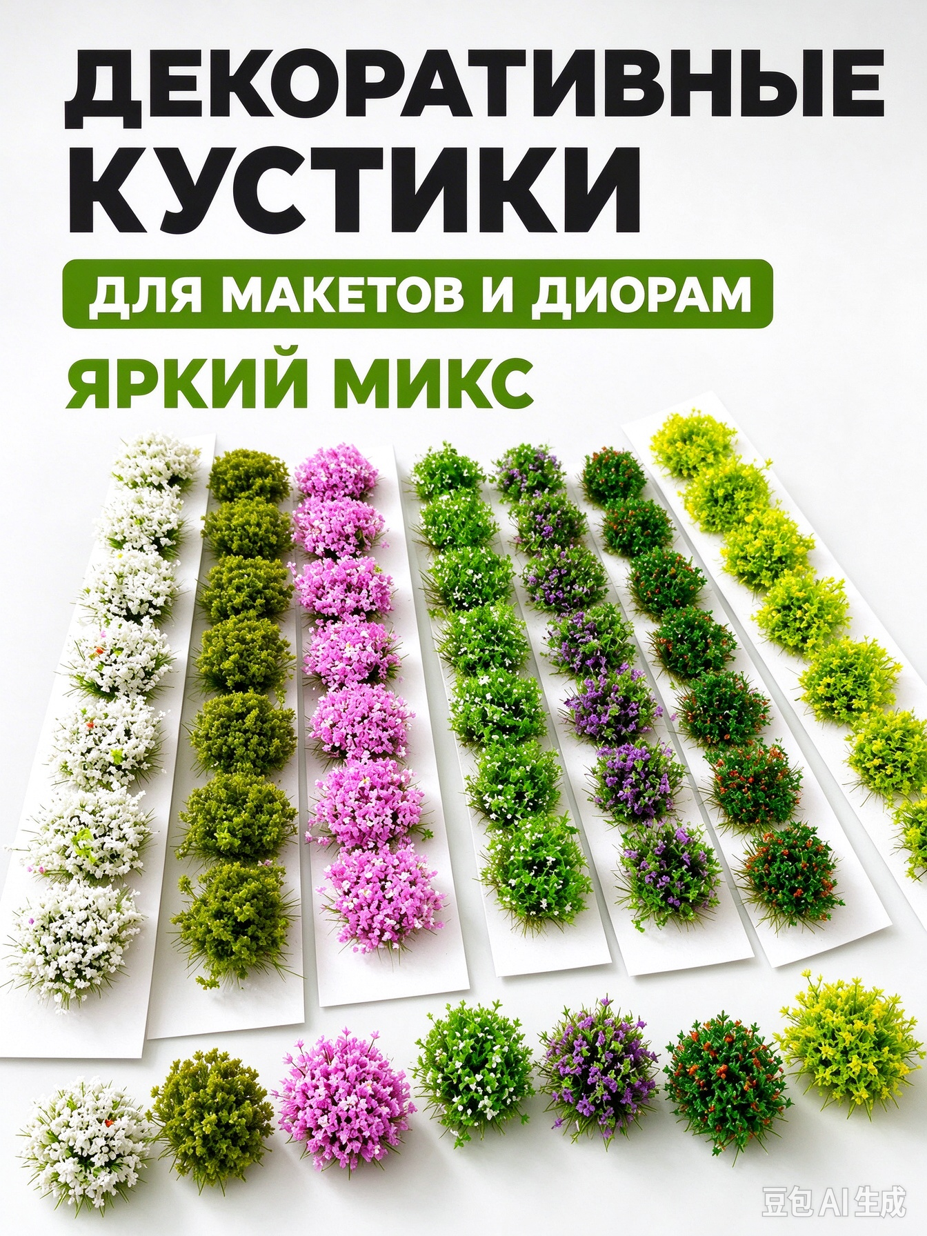 Миниатюрные цветочные кустики 49 шт, 8-12 мм, разноцветные, для макетов и диорам, железнодорожный макет