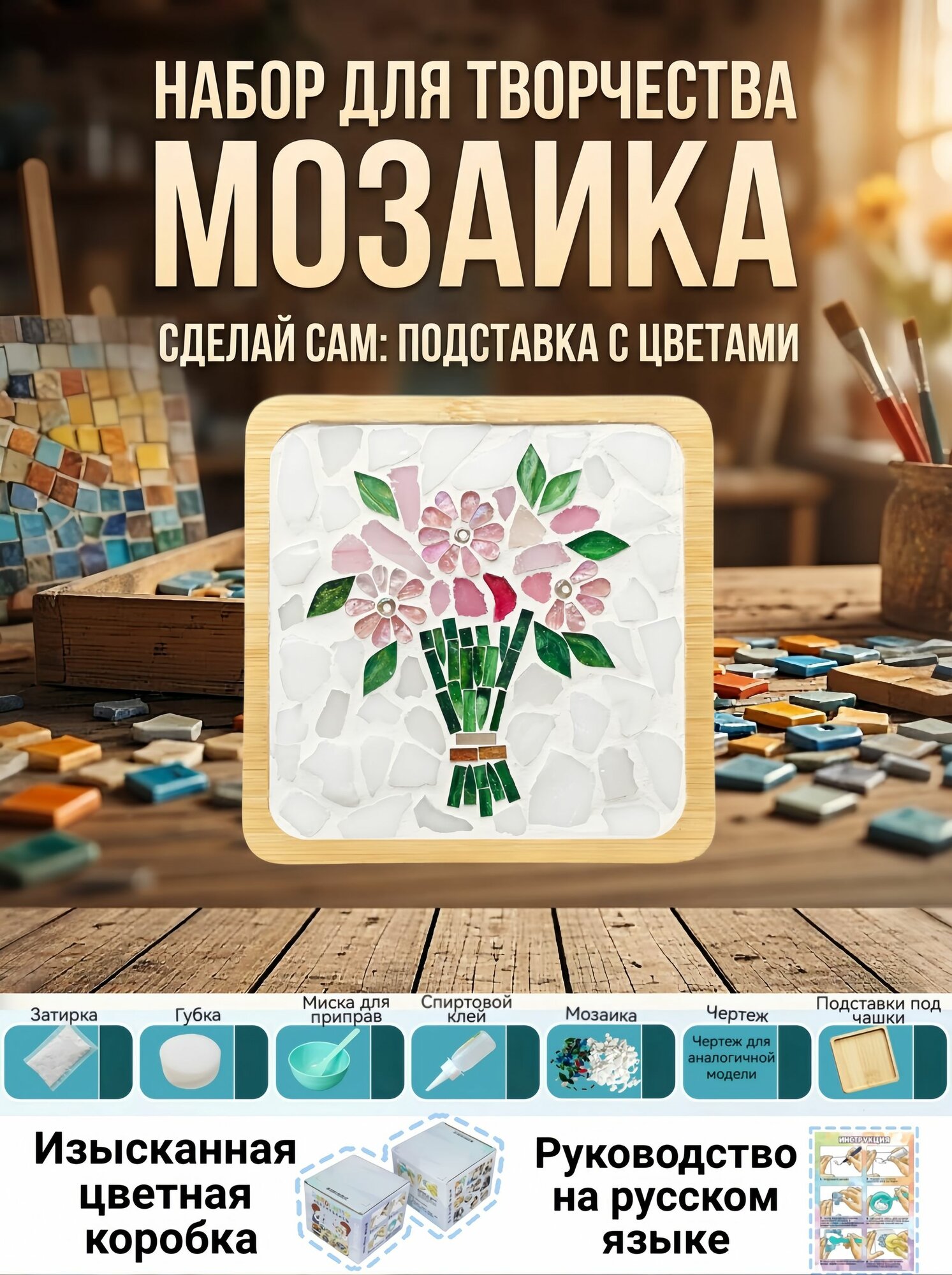 Набор для творчества DIY мозаика, деревянная подставка под кружку своими руками, рукоделие для детей и взрослых