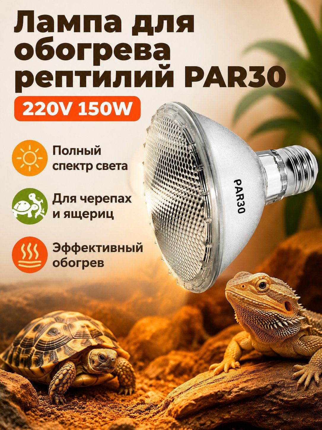 Лампа галогенная PAR30 для террариума 220 В 150 Вт, прозрачная с теплым светом, цоколь E27