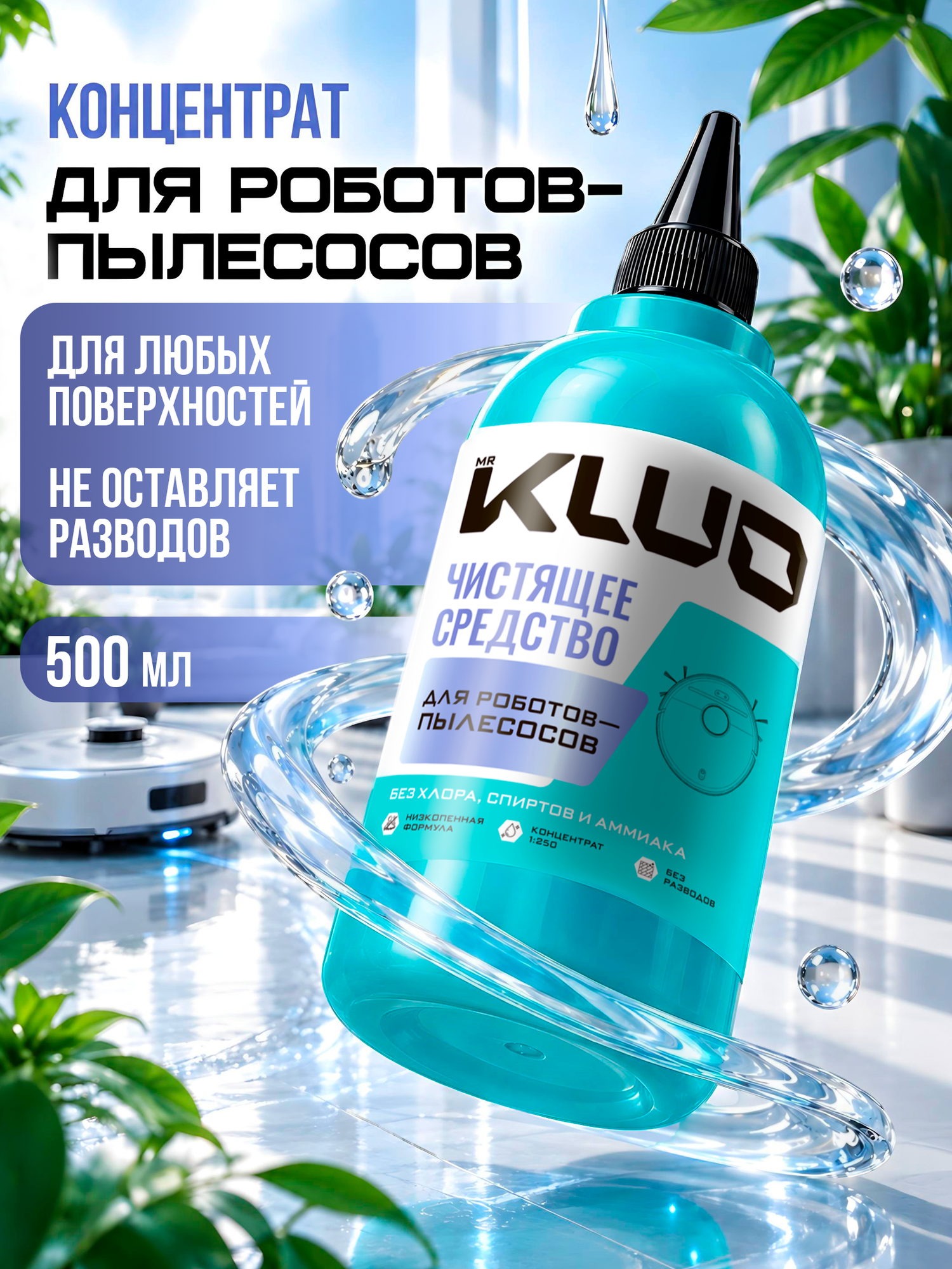 Средство суперконцентрат для роботов пылесосов, моющих пылесосов и автоматических станций mrKluo, 500 мл
