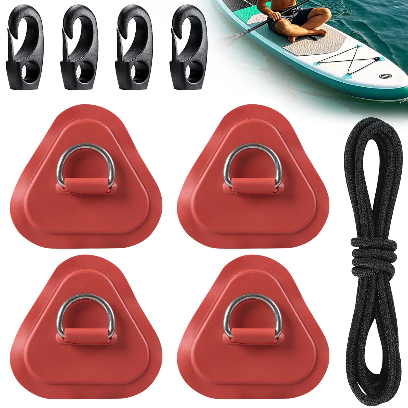 Наклейки-крепления D-ring для SUP-доски, красные, 4 шт, с верёвкой и карабинами