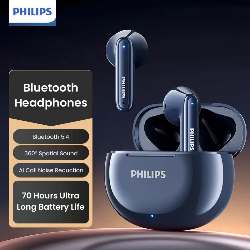 Philips TAT1199 Наушники беспроводные Bluetooth 5.4 с микрофоном, синие, 70 ч