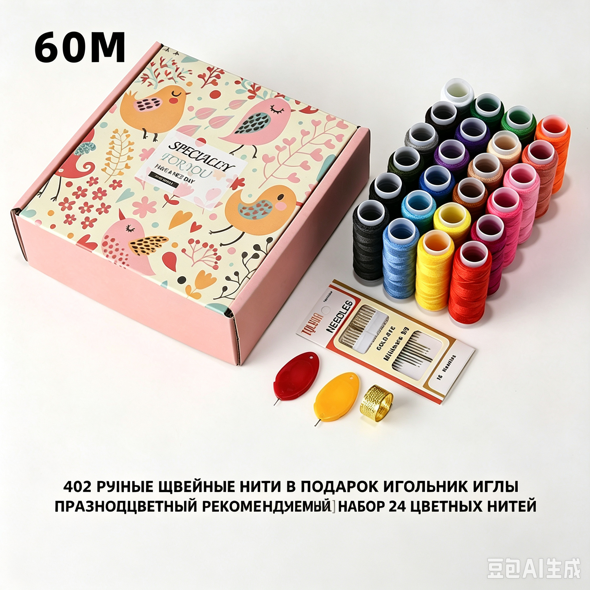 Набор полиэстеровых швейных ниток 40/2 для ручного шитья в подарочной коробке, комплект с иглами, нитковдевателем и наперстком