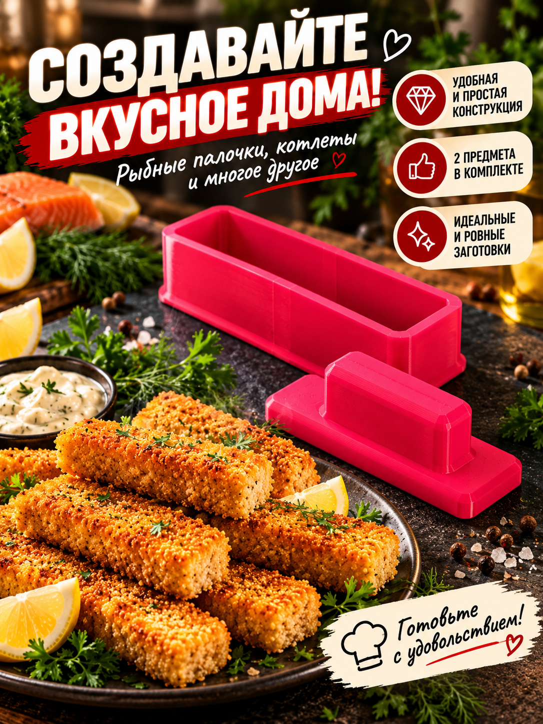 Набор для домашних рыбных палочек: форма + пресс. Форма как у магазинных, состав как дома