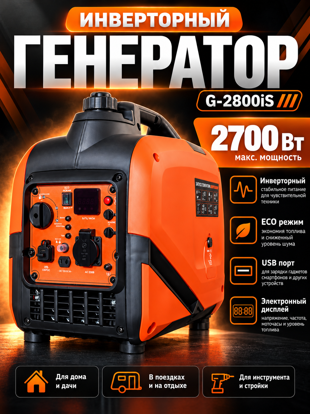 Генератор бензиновый инверторный 2,7 кВт ENERGOKRAFT G-2800iS, 230 В, компактный, USB /для дома, дачи, гаража, мастерской