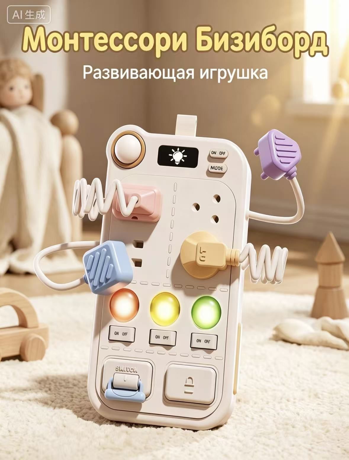 Развивающий центр с розетками и выключателями, светящийся и музыкальный, разноцветный