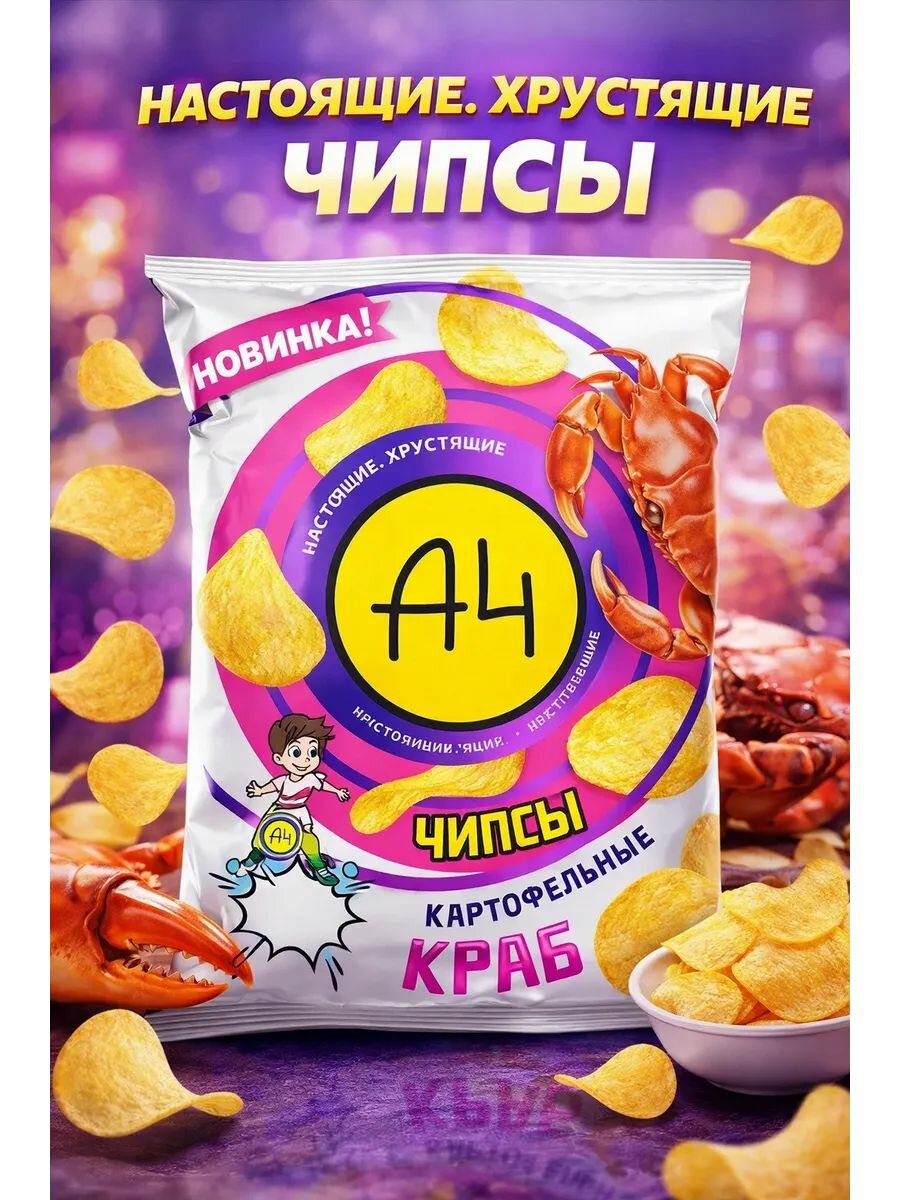 Чипсы А4 "LAVA LAVA", со вкусом краба, картофельные, без ГМО, 50 г