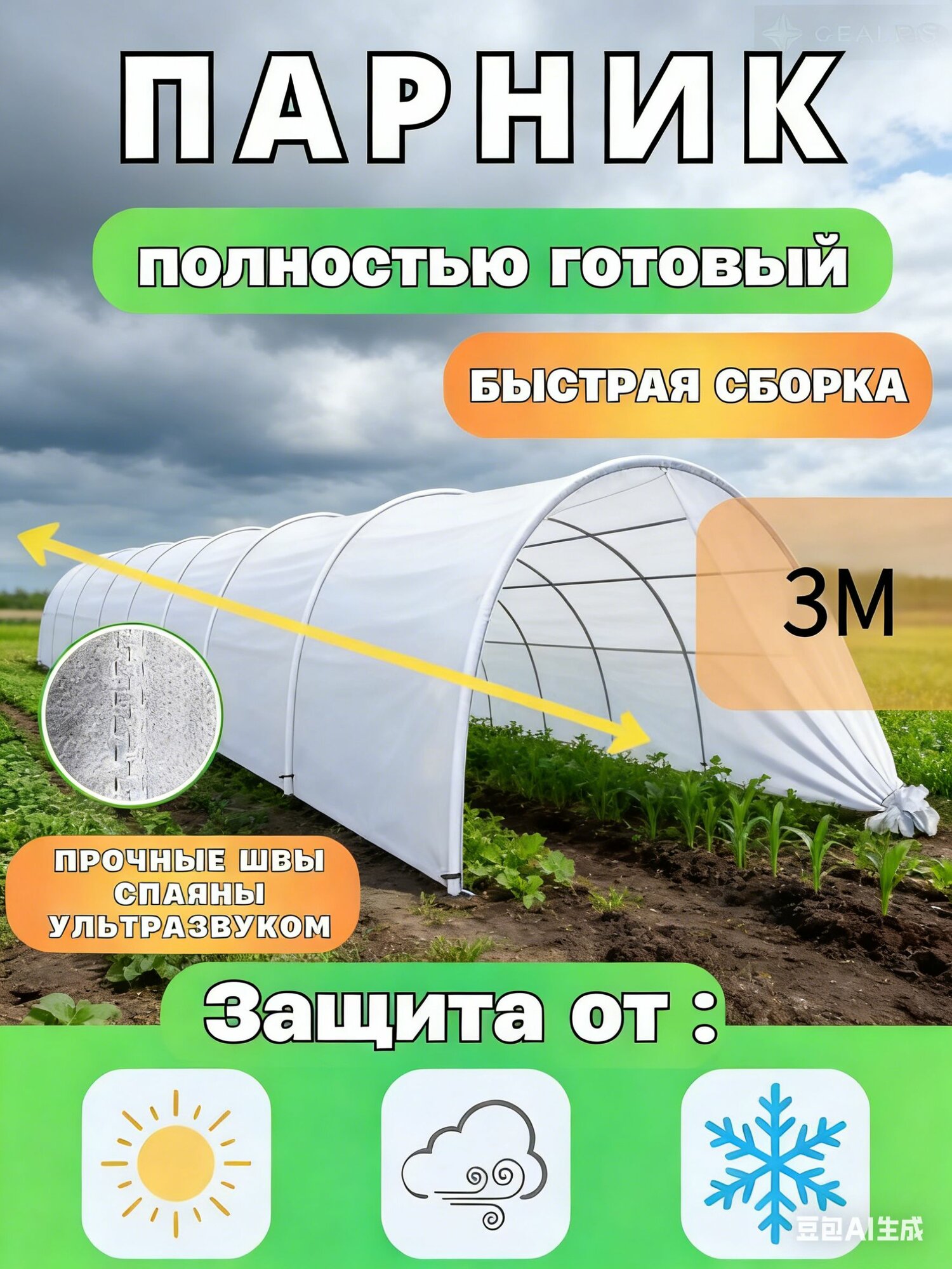 Парник, теплица арочная 418szd1 3.08х1.11х1м, Полиэстер с ПВХ покрытием