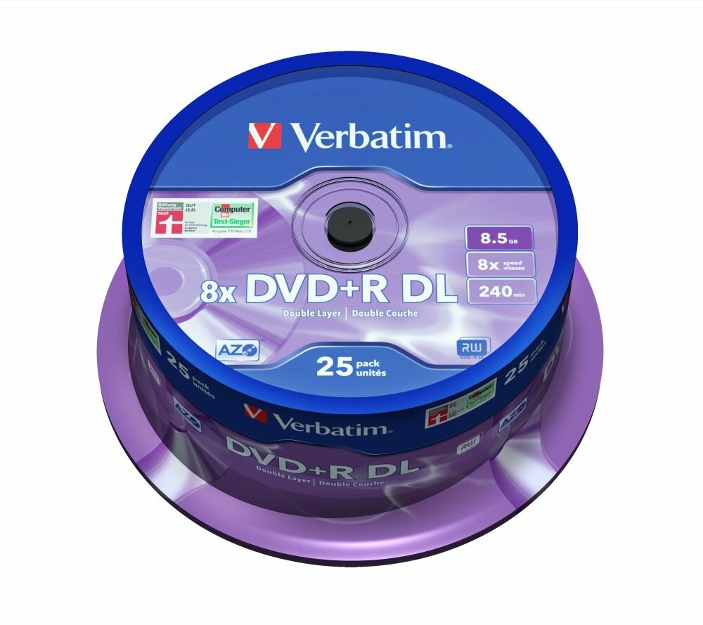 Оптические диски Verbatim DVD+R DL 8.5 ГБ 8X AZO цвет серебристый матовый 25 шт. на шпинделе