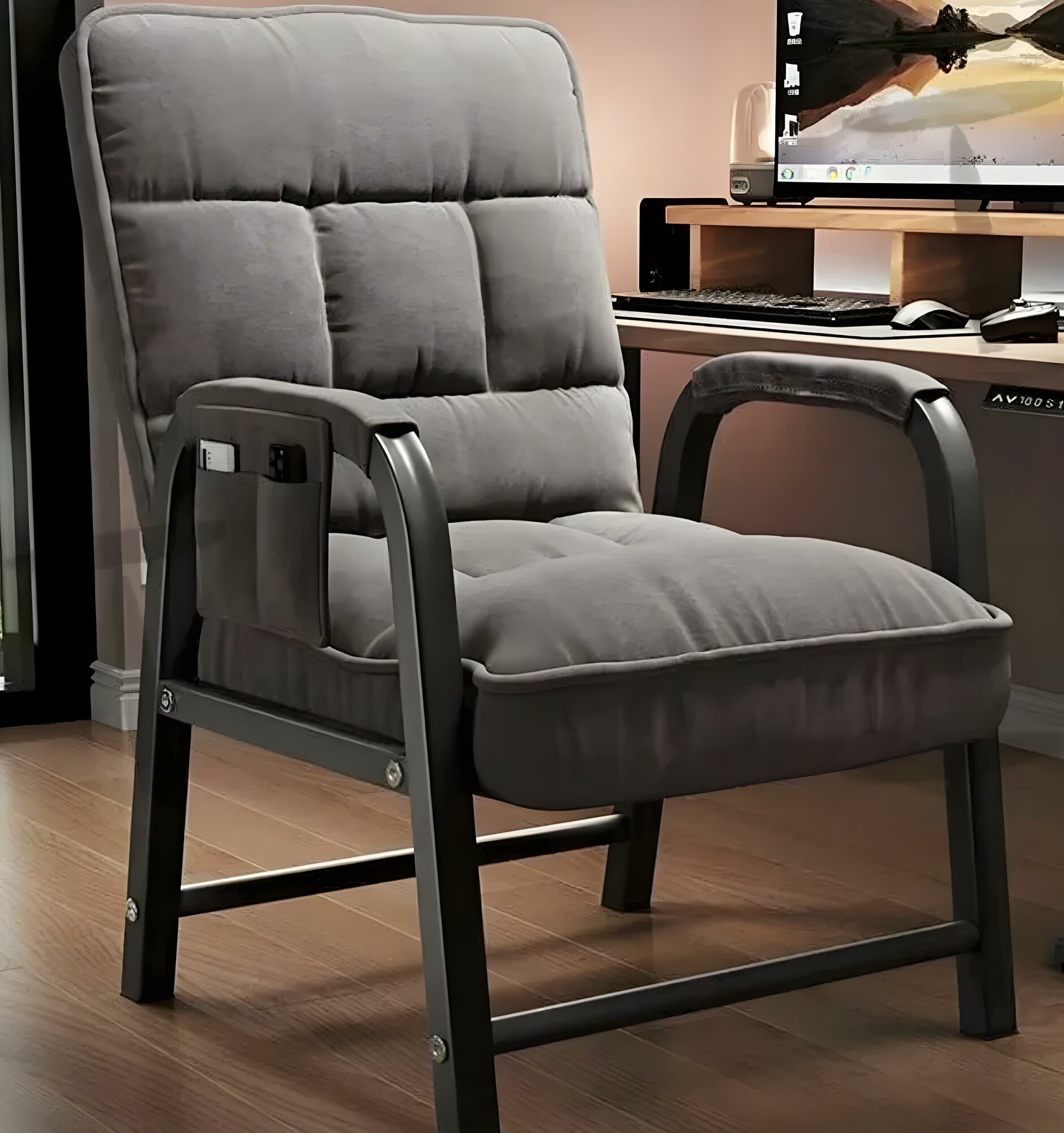 Кресло, обивка из хлопка, серый классический стиль, 50*56*95 см, сумка для хранения, подушка без подставки для ног