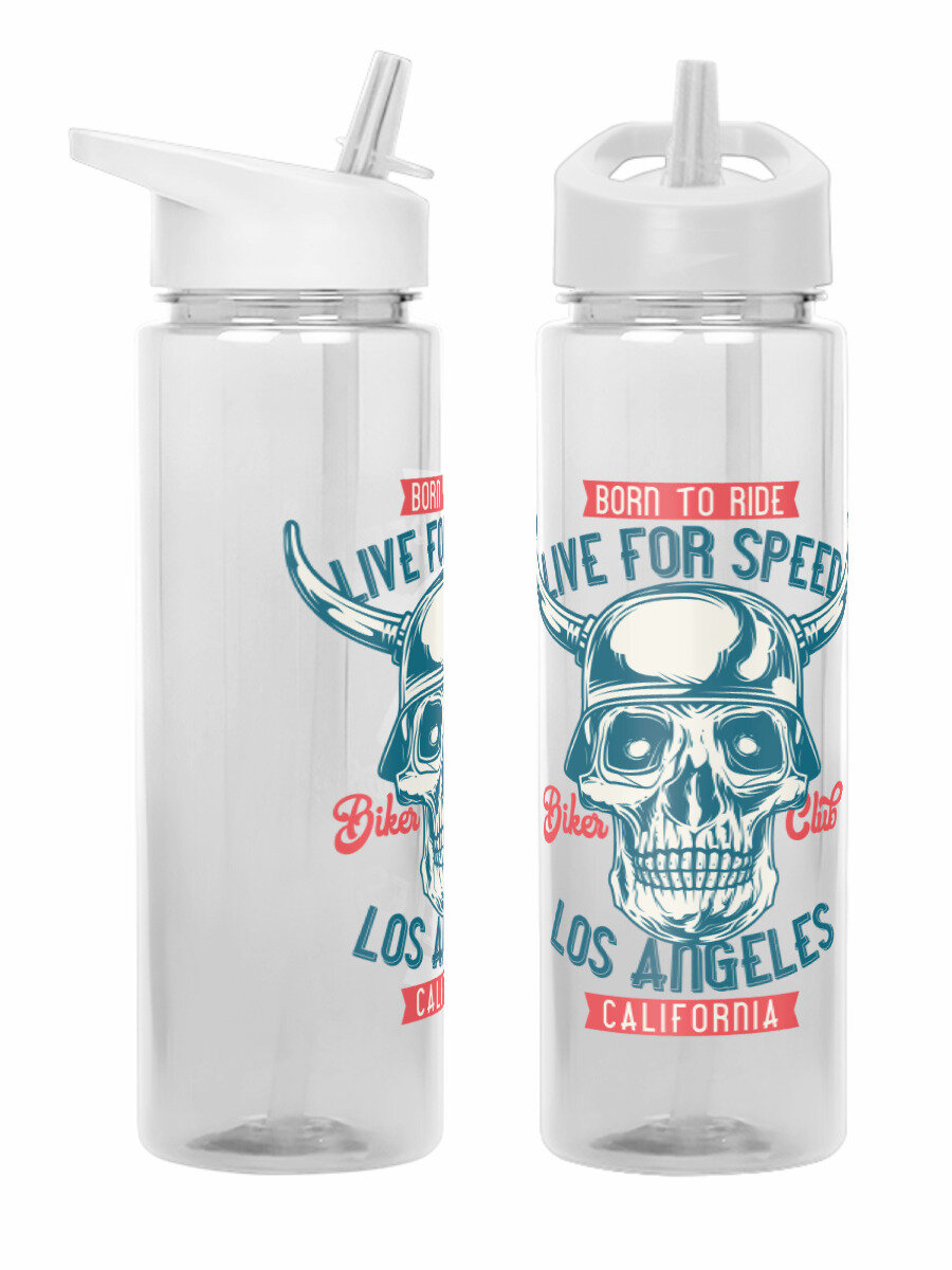 Бутылка белая для воды с принтом Череп в шлеме с рогами. Скелет, мотоцикл