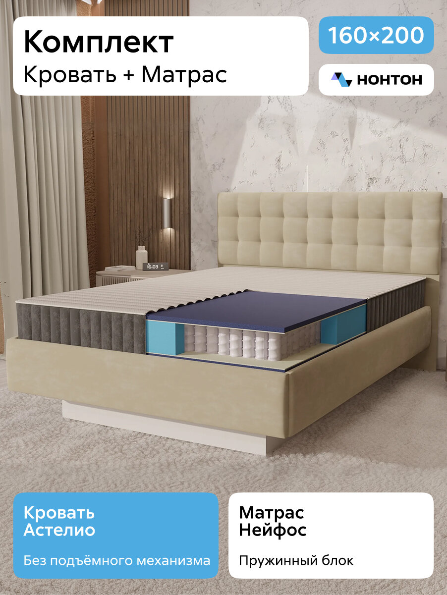 Кровать двуспальная Нонтон Астелио, 160x200 см, ламели, Матрас НПБ 4 Нэйфос, бежевая