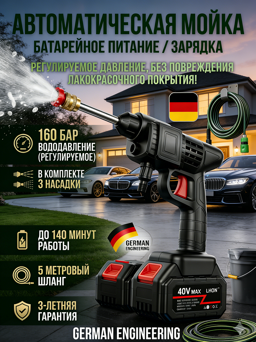 Аккумуляторная автомойка , высокого давления, для автомобиля, в кейсе 2 аккумулятора, минимойка с пистолетом