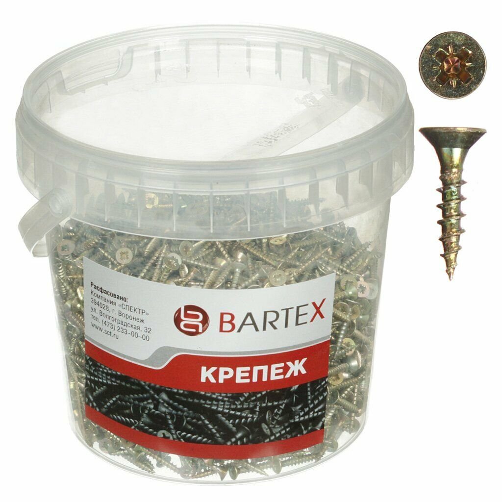 Саморез универсальный, диаметр 4х16 мм, 1500 шт, оцинкованный, желтый, банка, Bartex