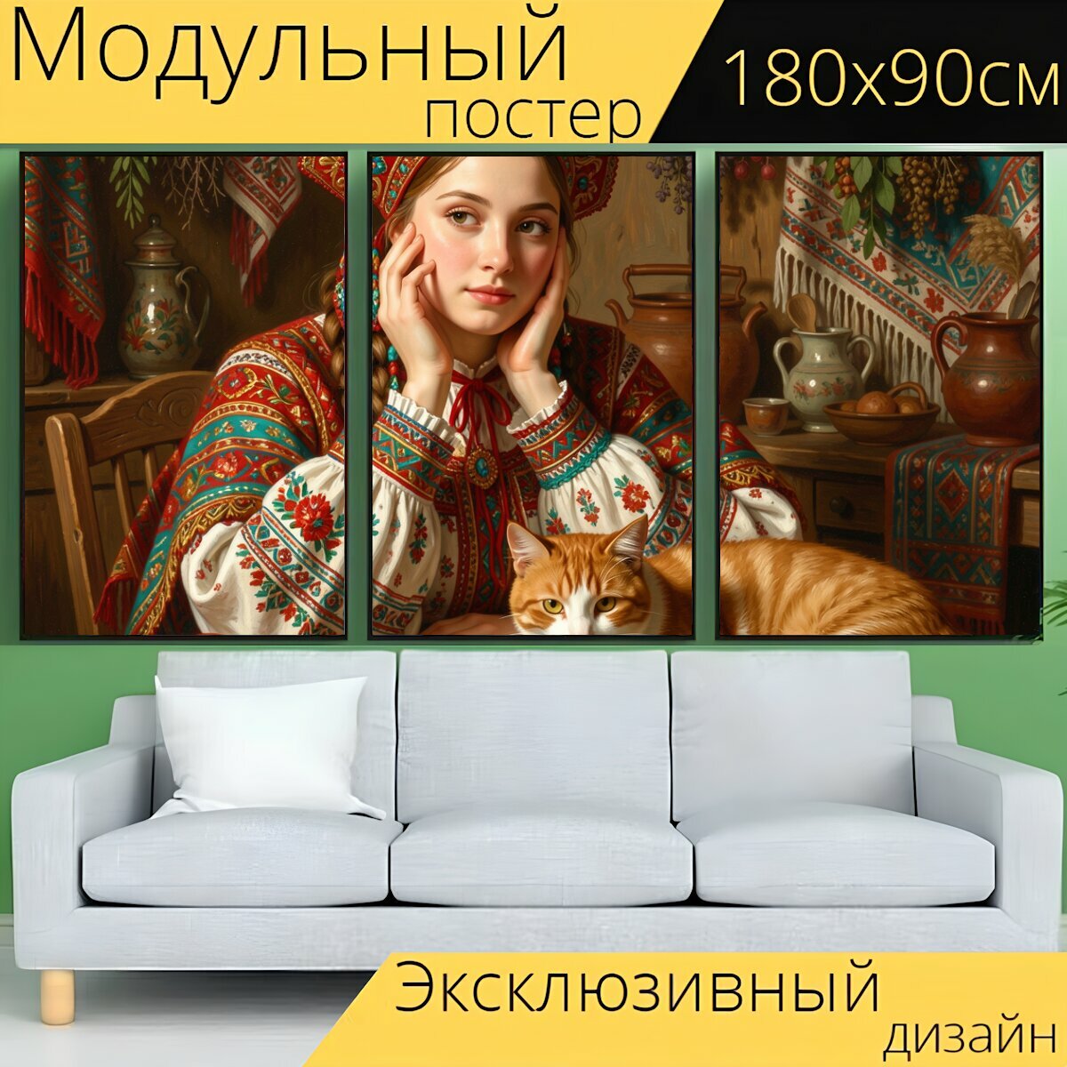 Модульный постер "Девушка в русском народном костюме с котом. Уютная сцена в стиле русской сказки: юная красавица в ярком национальном." 180 x 90 см. для интерьера на стену в тубусе