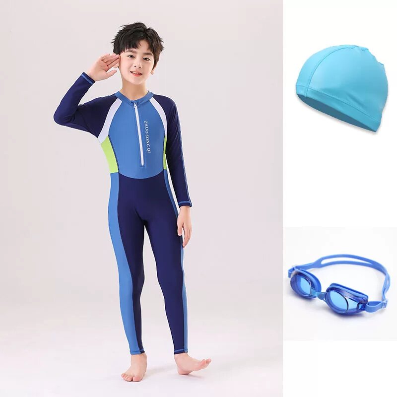 Детский купальник для мальчиков с защитой от солнца, цельный купальник с длинными рукавами и штанами, в комплекте