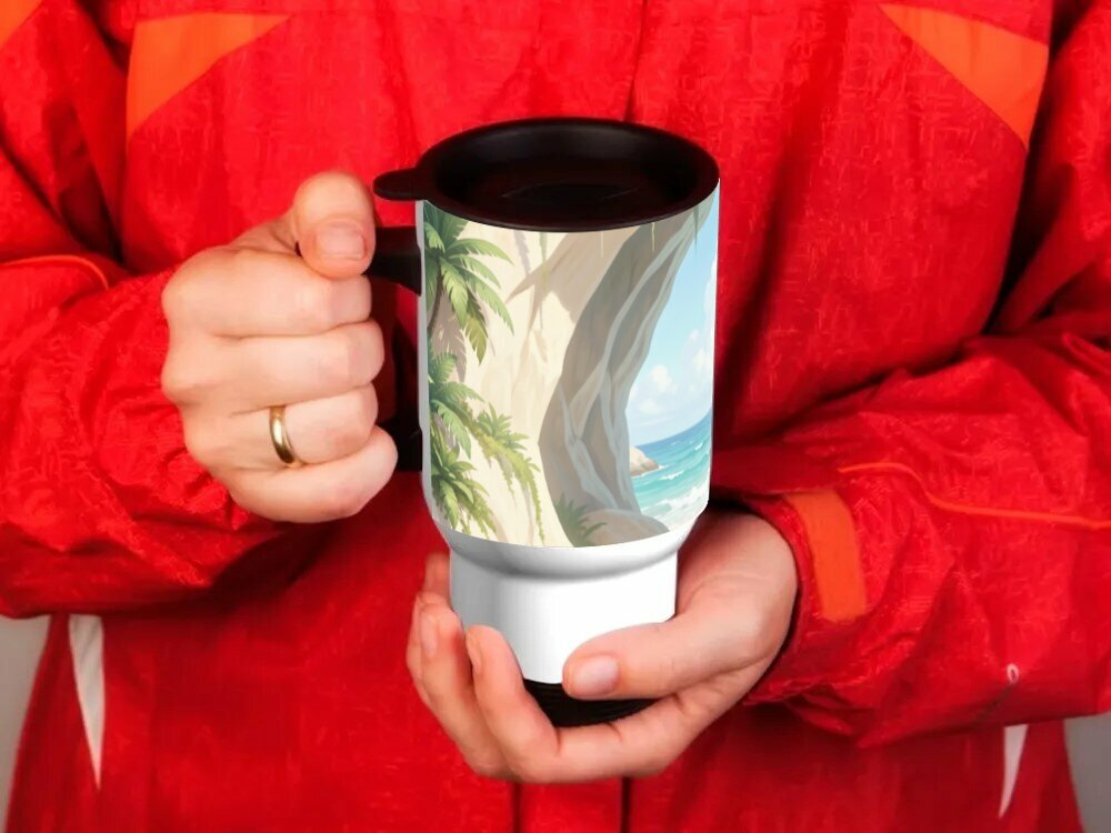 Тремокружка для авто с принтом "Девушка у морского грота. Светлая иллюстрация с фигурой девушки на фоне арочного скального прохода, тропической зелени и лазурного океана." 0.5 л.