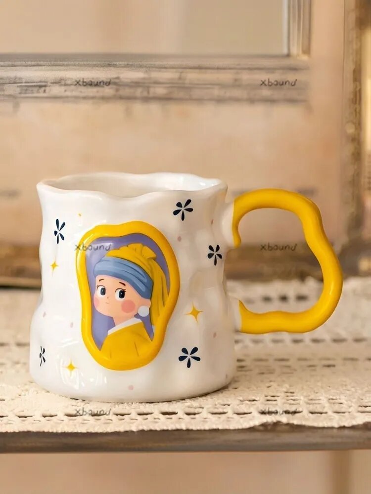 Кружка Rokbery "Девушка с жемчужной сережкой" P843, керамика, ручная работа, желтая, 380мл