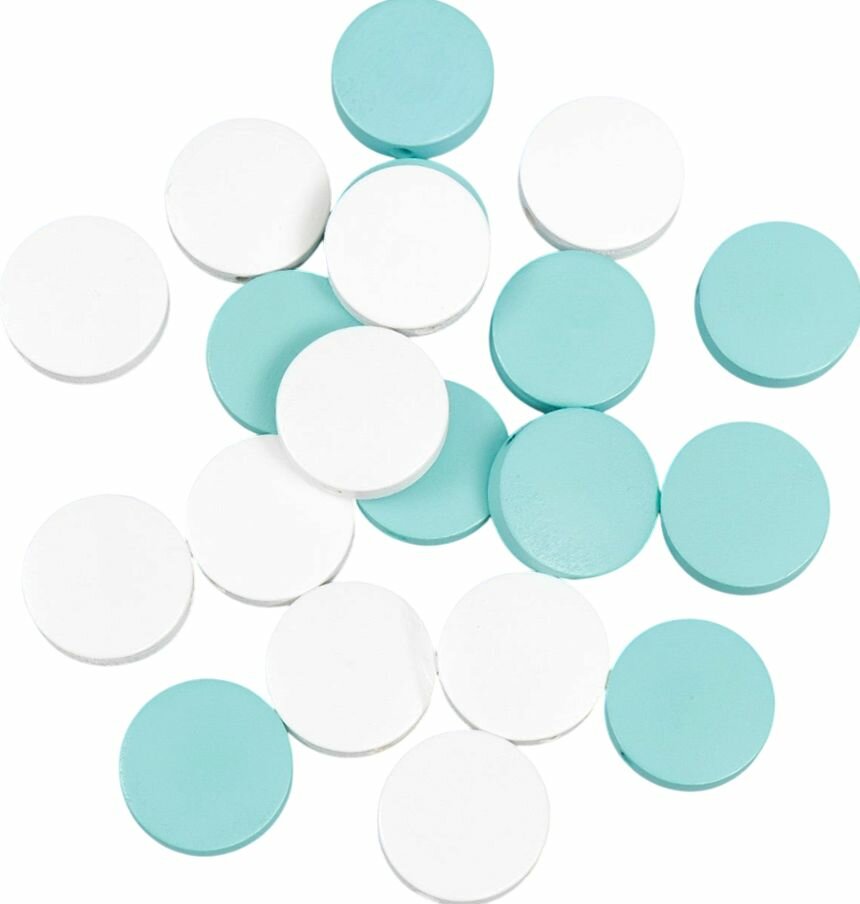 Бусины деревянные 15 мм "Плоский круг" для творчества, набор бусинок из дерева для рукоделия и украшений, бусинки круглые пришивные из дерева - 20 штук, цвет белый бирюзовый