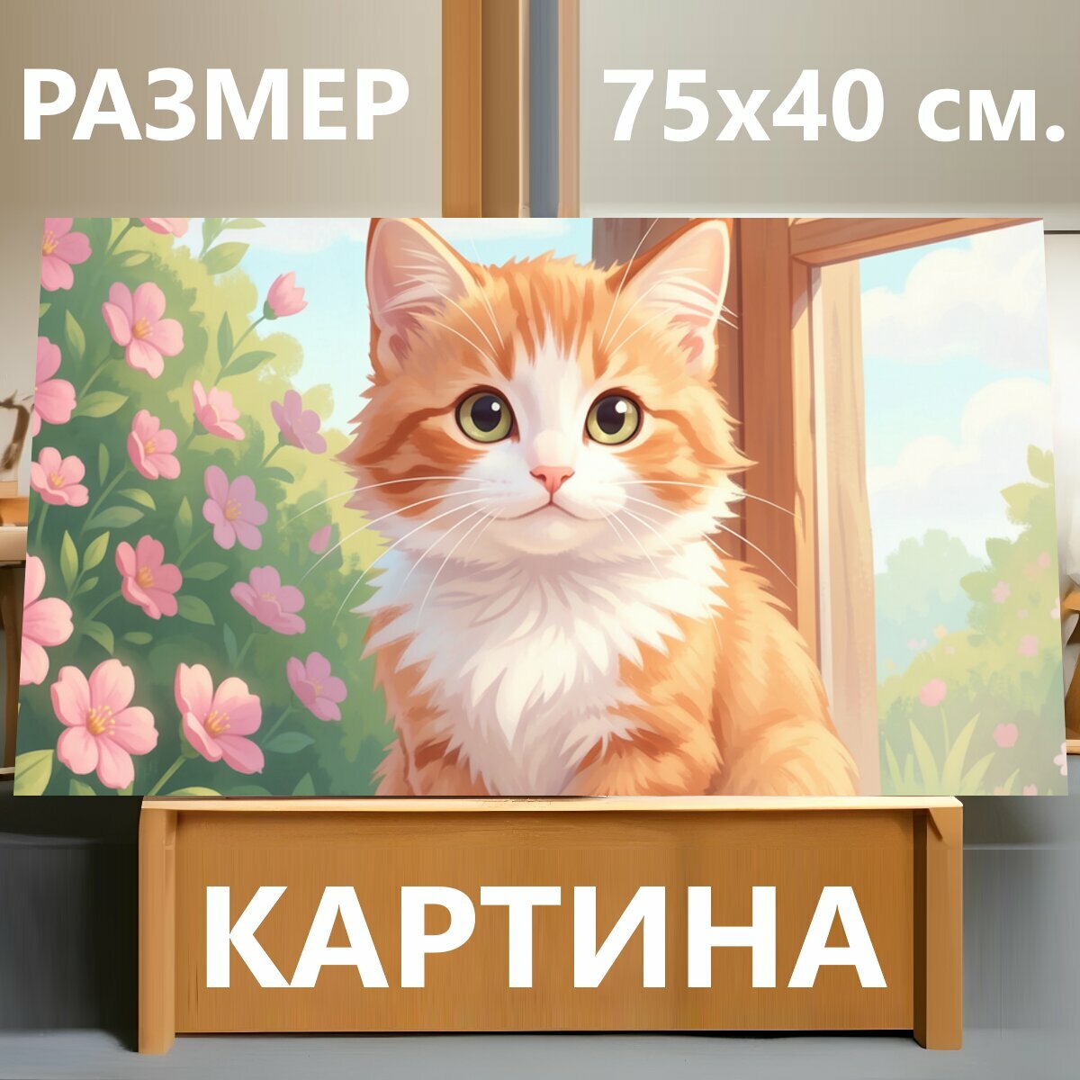 Картина на холсте "Рыжий кот у окна в саду. Милый пушистый котёнок на деревянном подоконнике, рядом цветущий сад и нежные розовые бутоны." на подрамнике 75х40 см. для интерьера