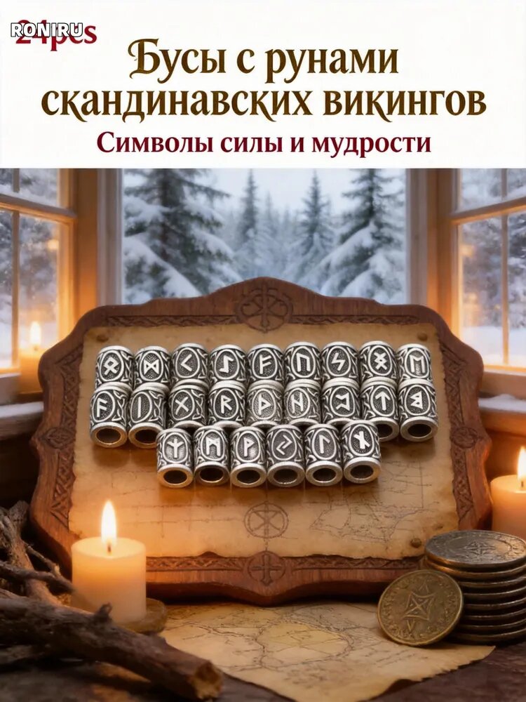 Бусы мужские рунические серебристые этнические из металла, базовая коллекция, 24 шт в упаковке