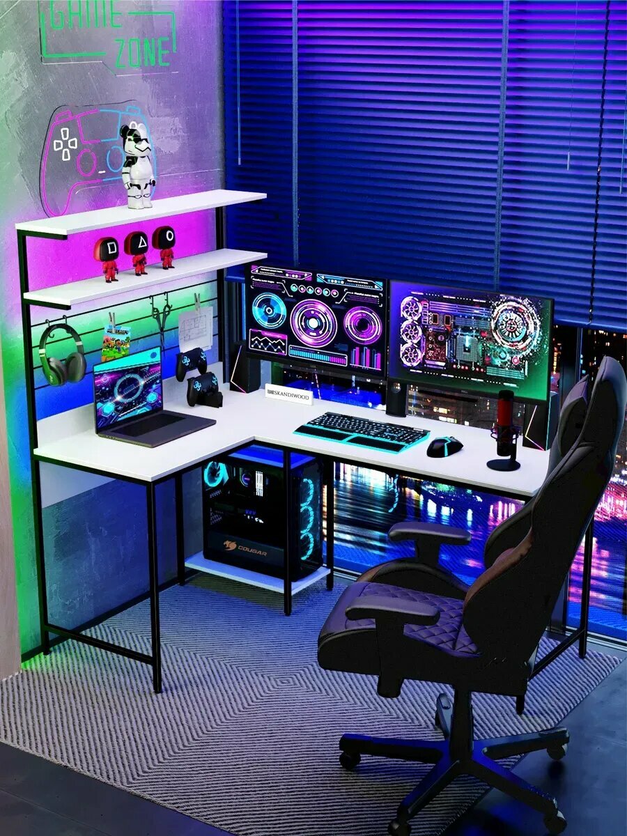 Угловой компьютерный стол геймерский письменный для школьника с полками