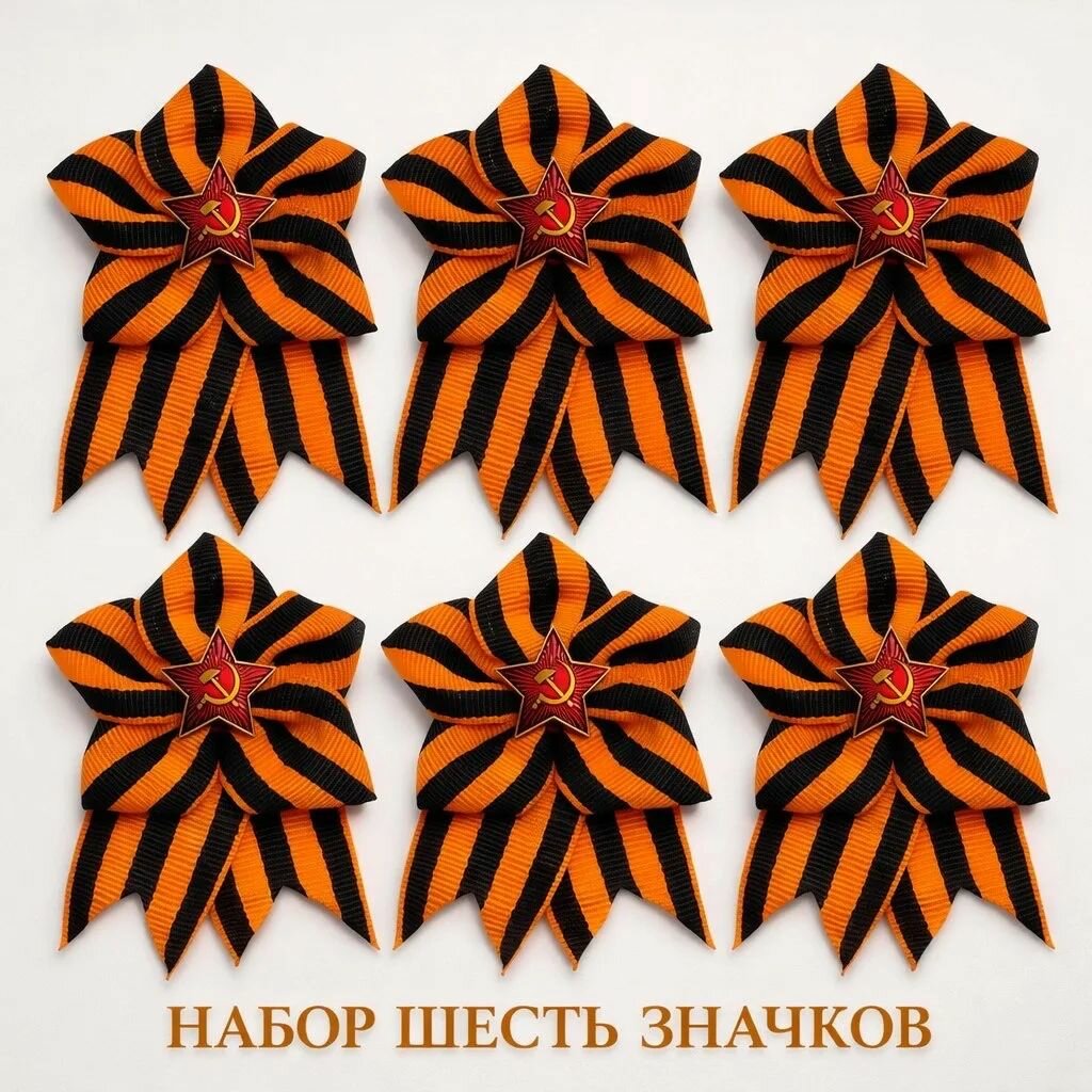 Набор из 6 Значков-брошей Георгиевская лента со звездой