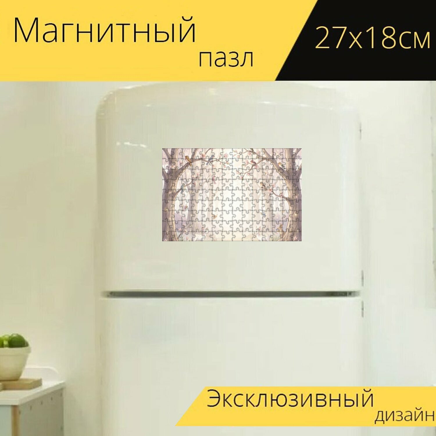 Магнитный пазл "Весенний лес с птицами и оленятами. Нежная сказочная лесная сцена в пастельных розово-бежевых тонах: цветущие деревья, маленькие птицы." на холодильник 27 x 18 см.