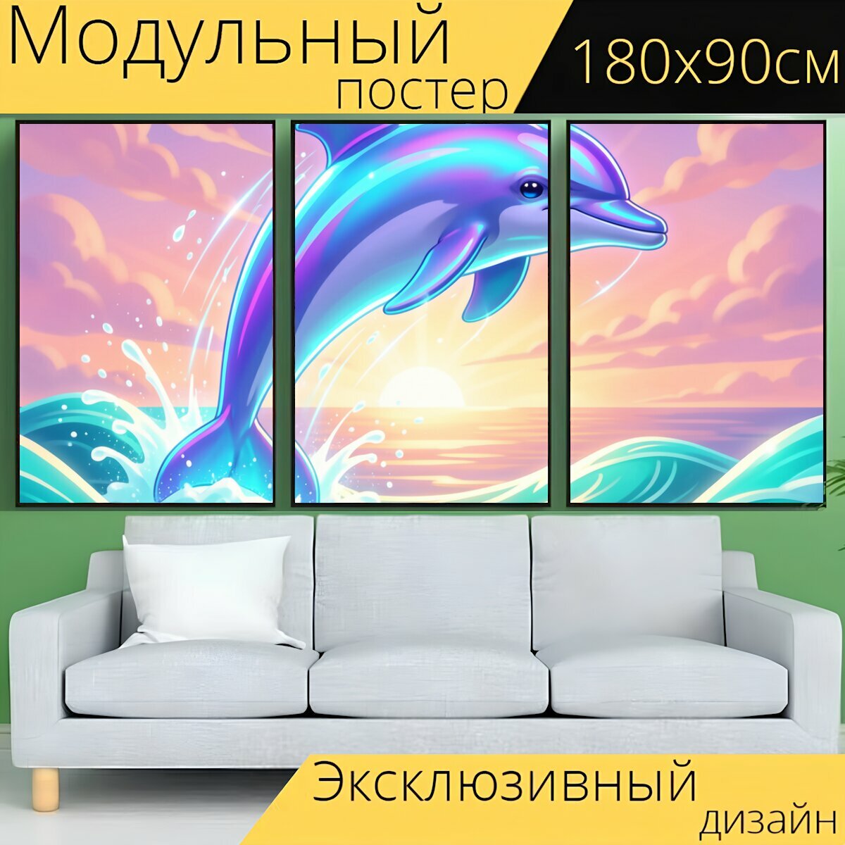 Модульный постер "Дельфин на закате в море. Яркая цифровая иллюстрация с прыгающим морским дельфином, неоновыми переливами и брызгами." 180 x 90 см. для интерьера на стену в тубусе