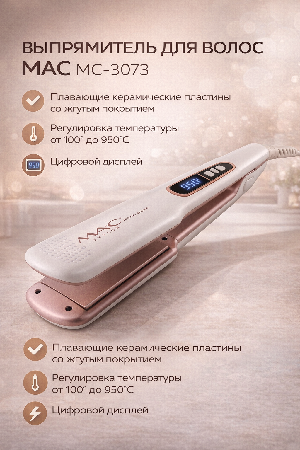 Выпрямитель для волос MAC MC-3073 керамический с дисплеем VoltZone профессиональный