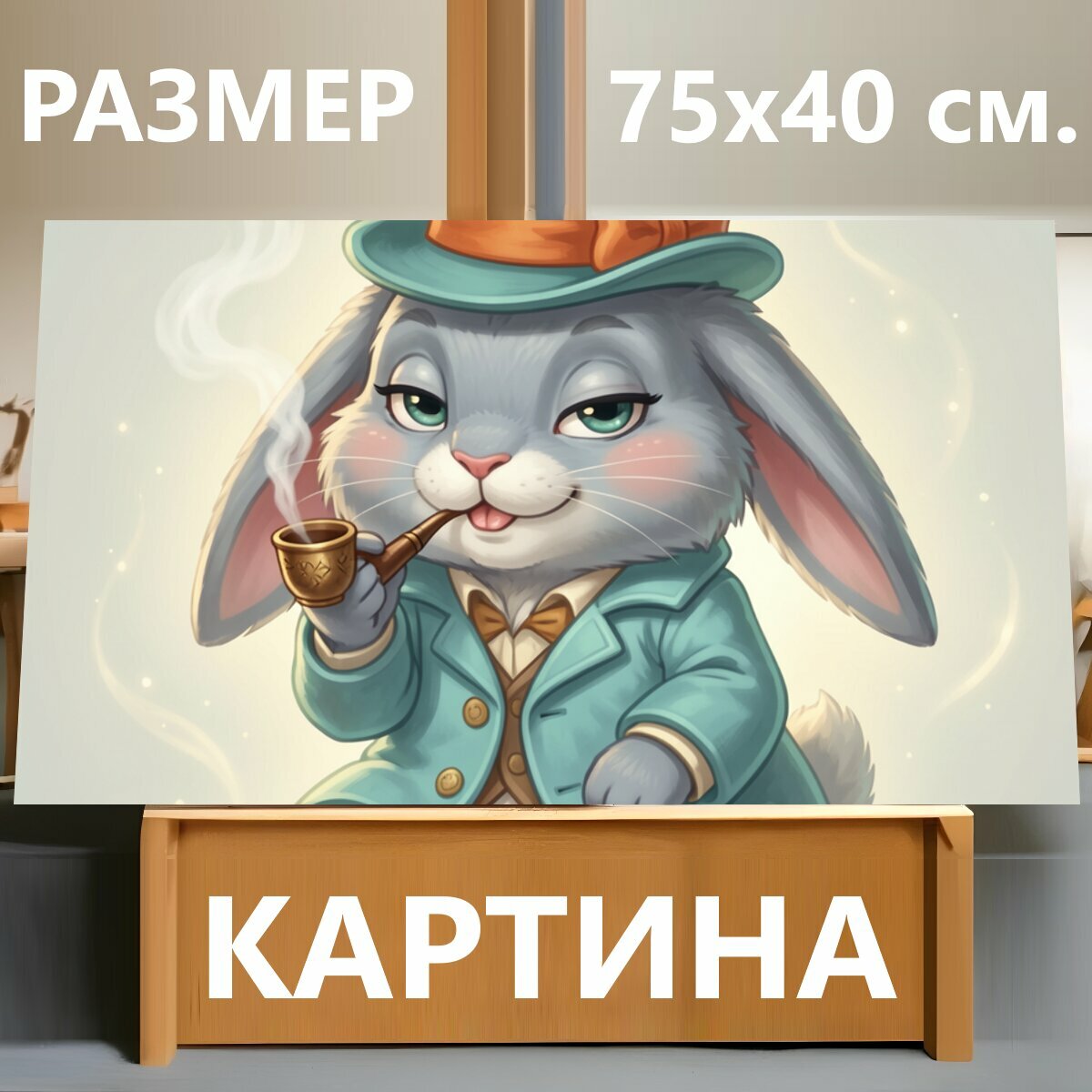 Картина на холсте "Заяц в цилиндре с трубкой. Очаровательный мультяшный кролик в бирюзовом фраке и шляпе с пером, с дымящейся трубкой, чашкой и." на подрамнике 75х40 см. для интерьера