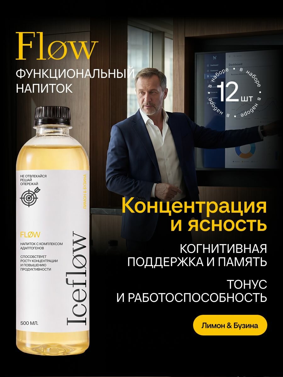 Напиток Iceflow Flow для концентрации и продуктивности, лимон-бузина 0,5 л x 12 шт