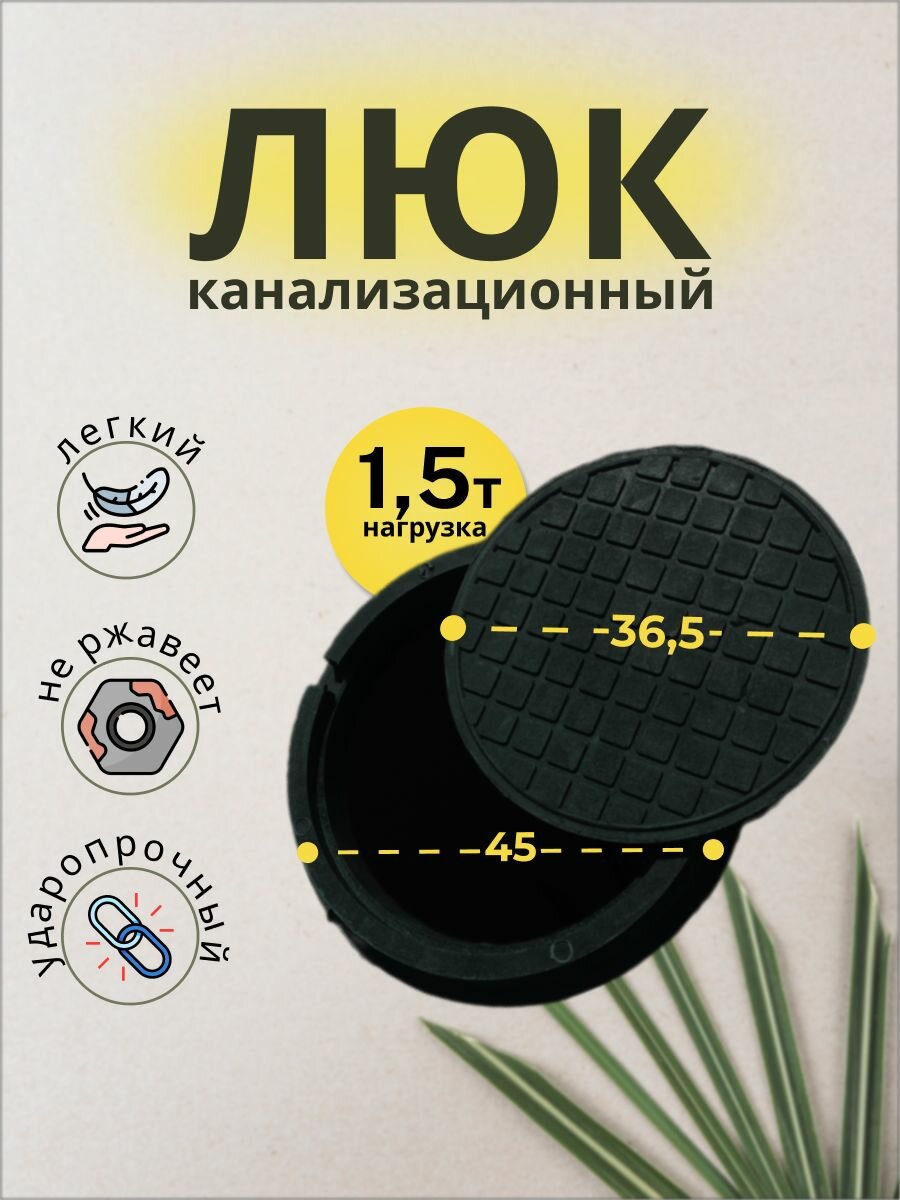 Люк канализационный садовый круглый 450 мм, 1.5т, пластиковый, черный